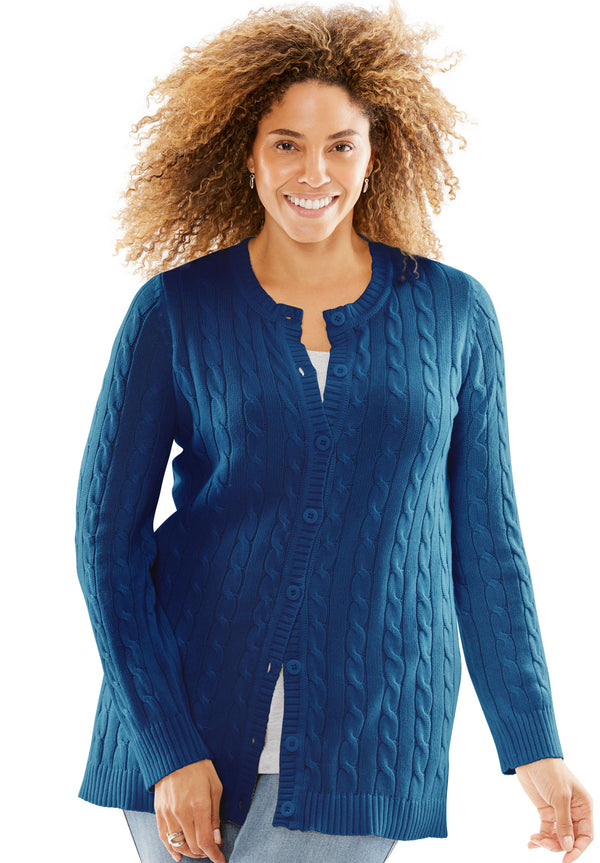 Cotton Cable Knit Cardigan Sweater | Woman Within – One Stop Plus